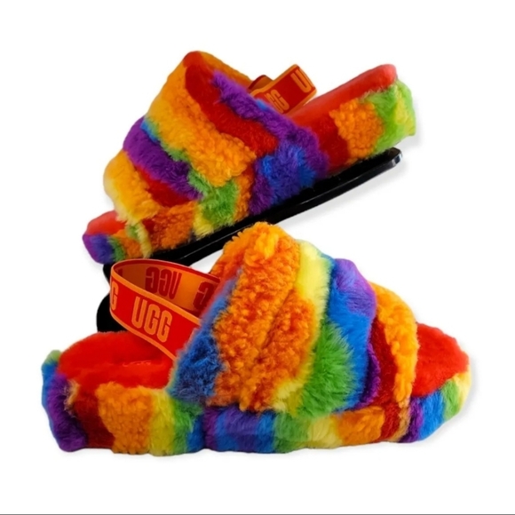 UGG | Shoes | Ugg Fluff Yeah Slide Cali Collage Rainbow Fur Sandals ...